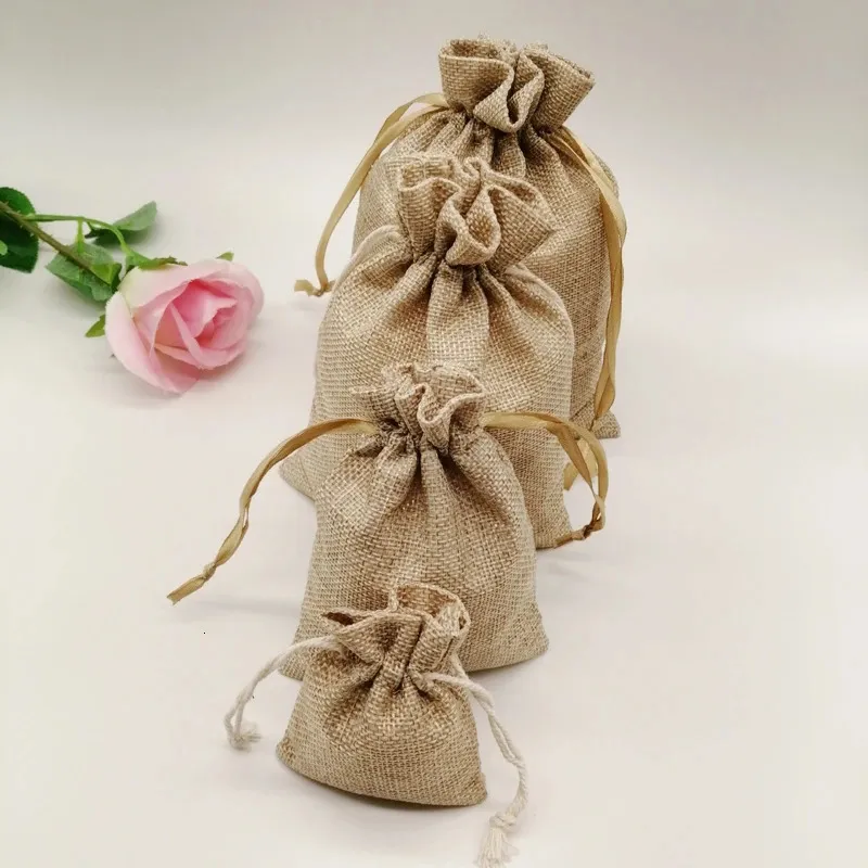 Natural Linen Burlap Bags with Drawstrings - 5-Batch - Rustic Gift ...