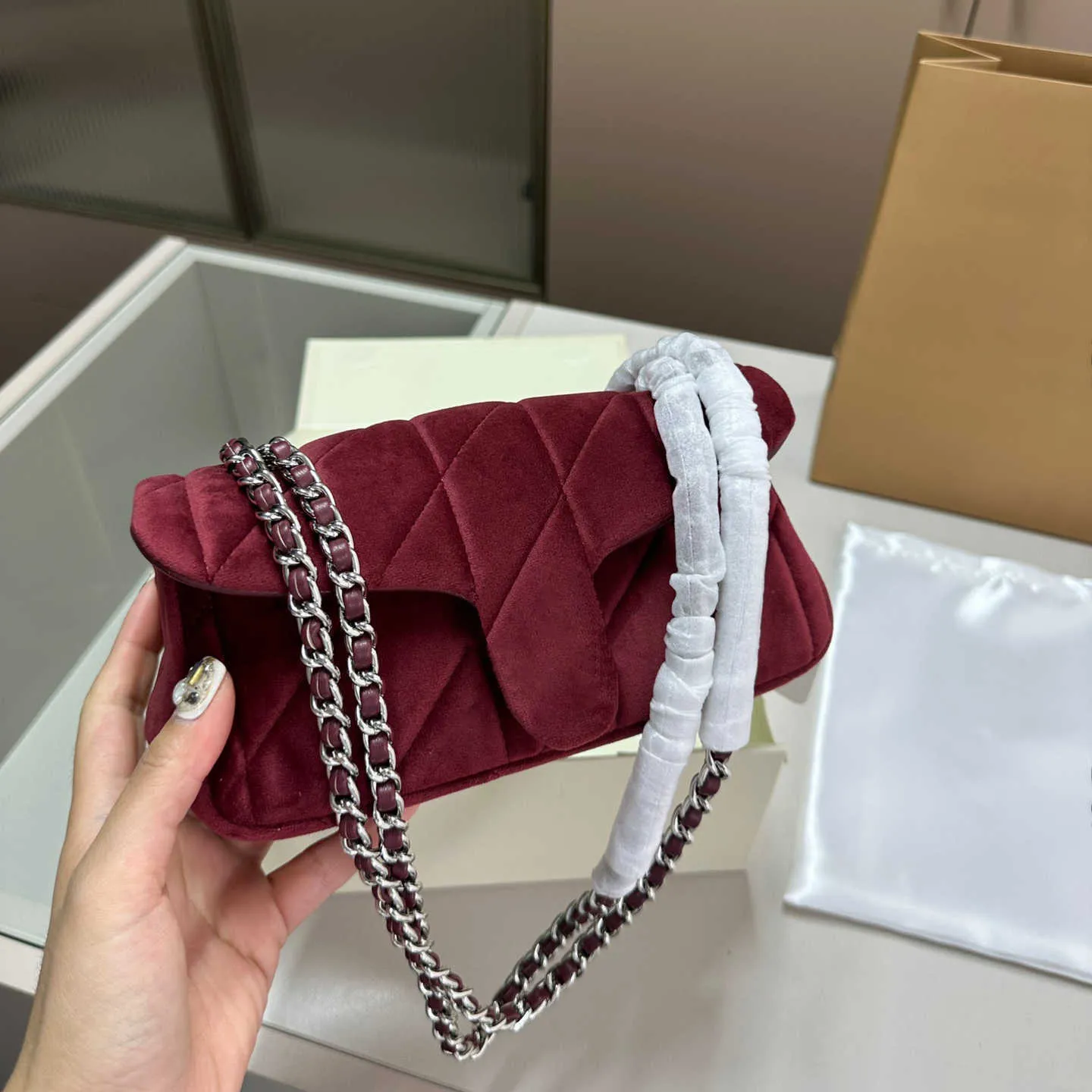 Luxury Velvet Designer Red Handbag With Chain Strap Perfect For Women's ...