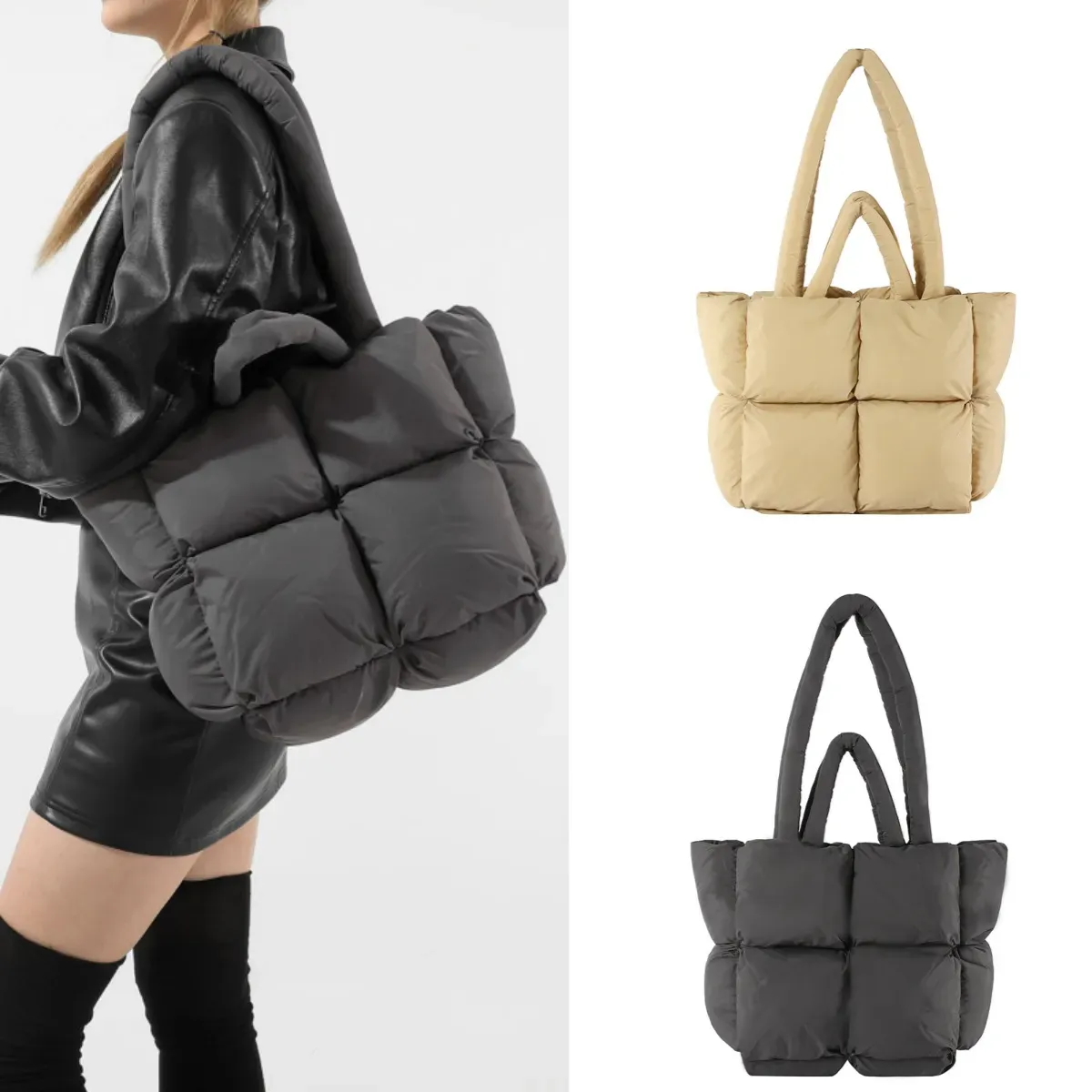 Winter Black Designer Feather Cotton Quilted Oversized Shoulder Bag ...