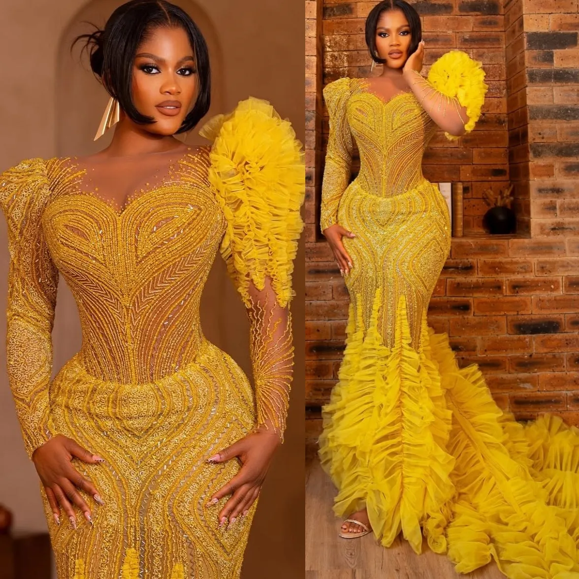 Yellow Beaded Mermaid Yellow Mermaid Prom Dress With Sequined Tiers ...