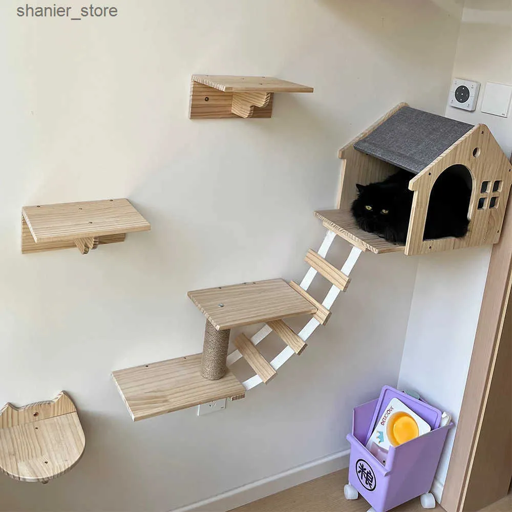 Cat Furniture Wall, Wall Mounted Cat Tree: Wooden Wall Shelves For Cats ...