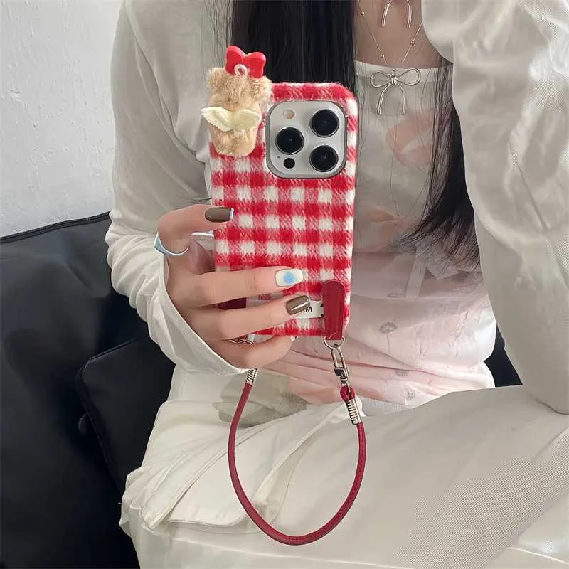 Kawaii Wool Fabric 3D Angel Bear Phone Case for iPhone 16 Pro/13/14/15 ...