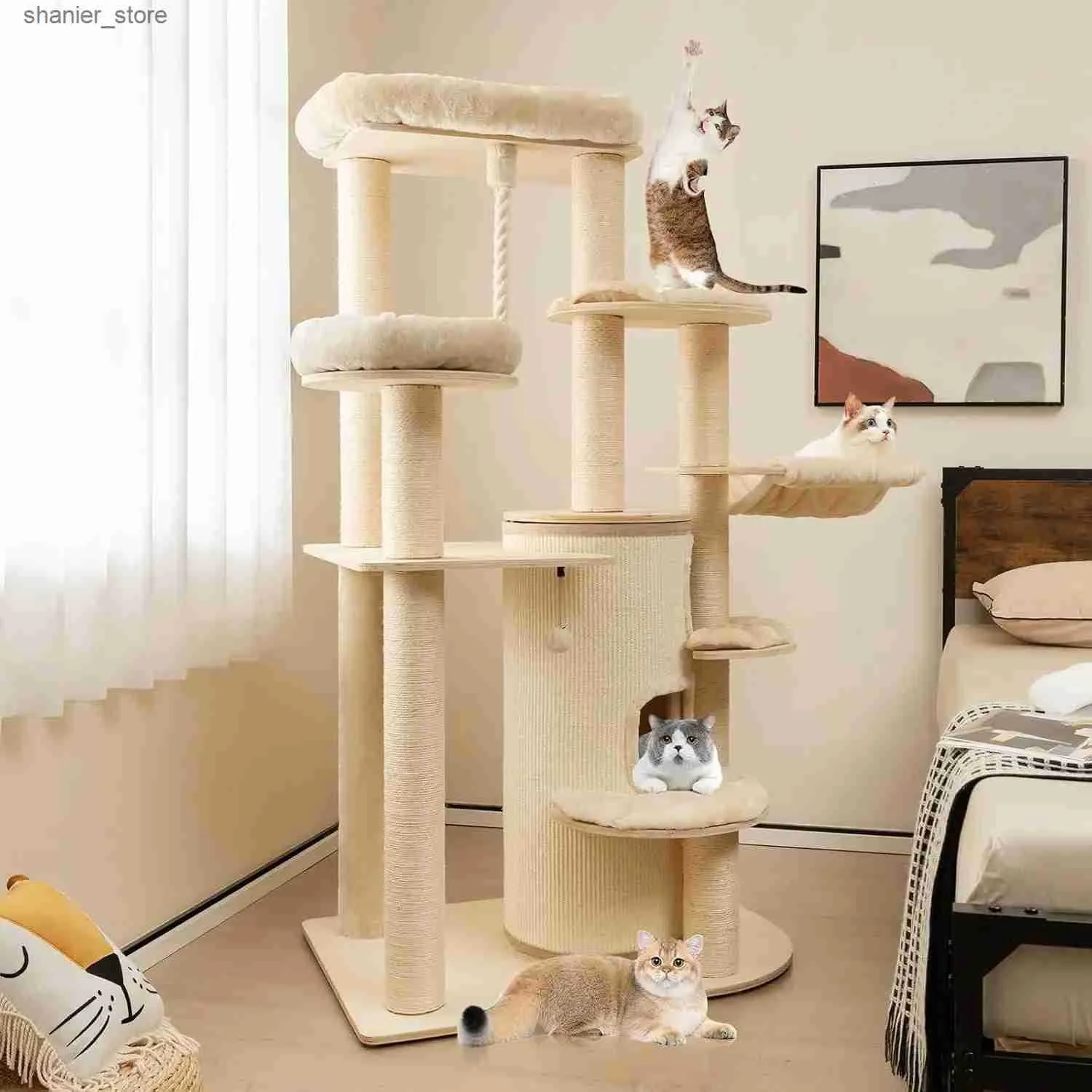 Modern Cat Tree Tower - 67 Tall Multi-Level Sisal Scratching Post with ...