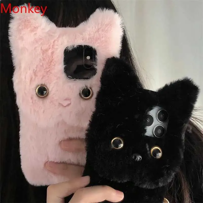 3D Cute Warm Fur Plush Silicone Cat Phone Case for iPhone 15 Pro 16 Pro ...
