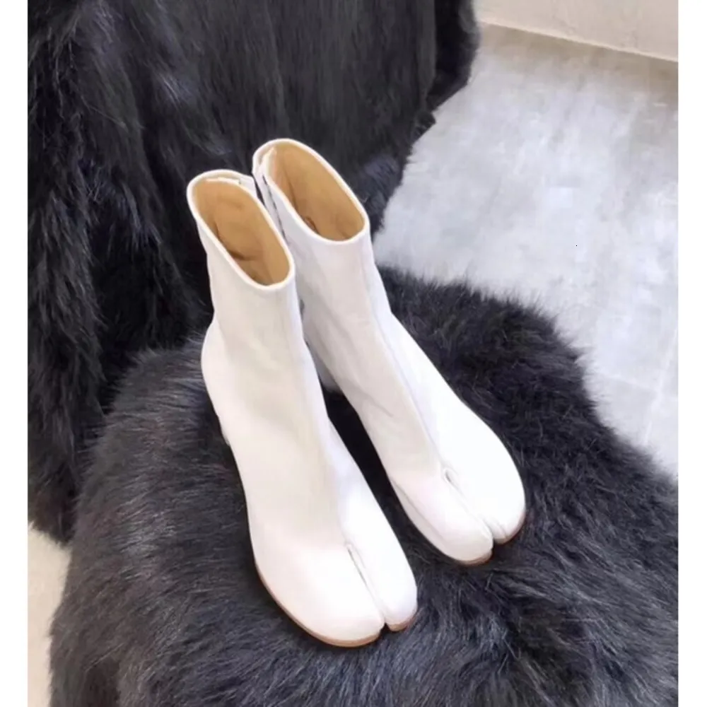 Chunky High Heel Split Toe Tabi White Heeled Boots Fashionable Leather ...