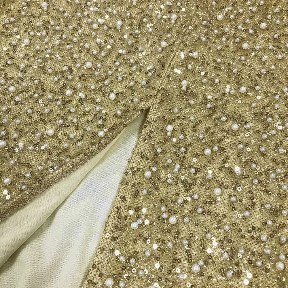 Strapless mini dress with gold beaded print, synthetic fiber knit ...