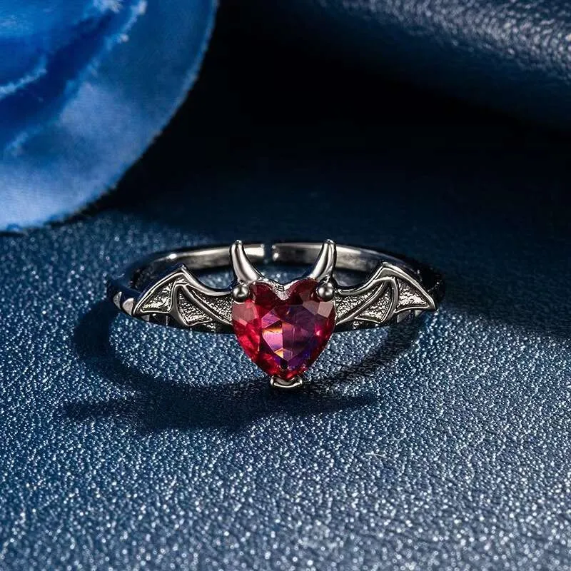 Gothic Vampire Bat Ring With Precision Inlaid Heart Adjustable, Silver ...