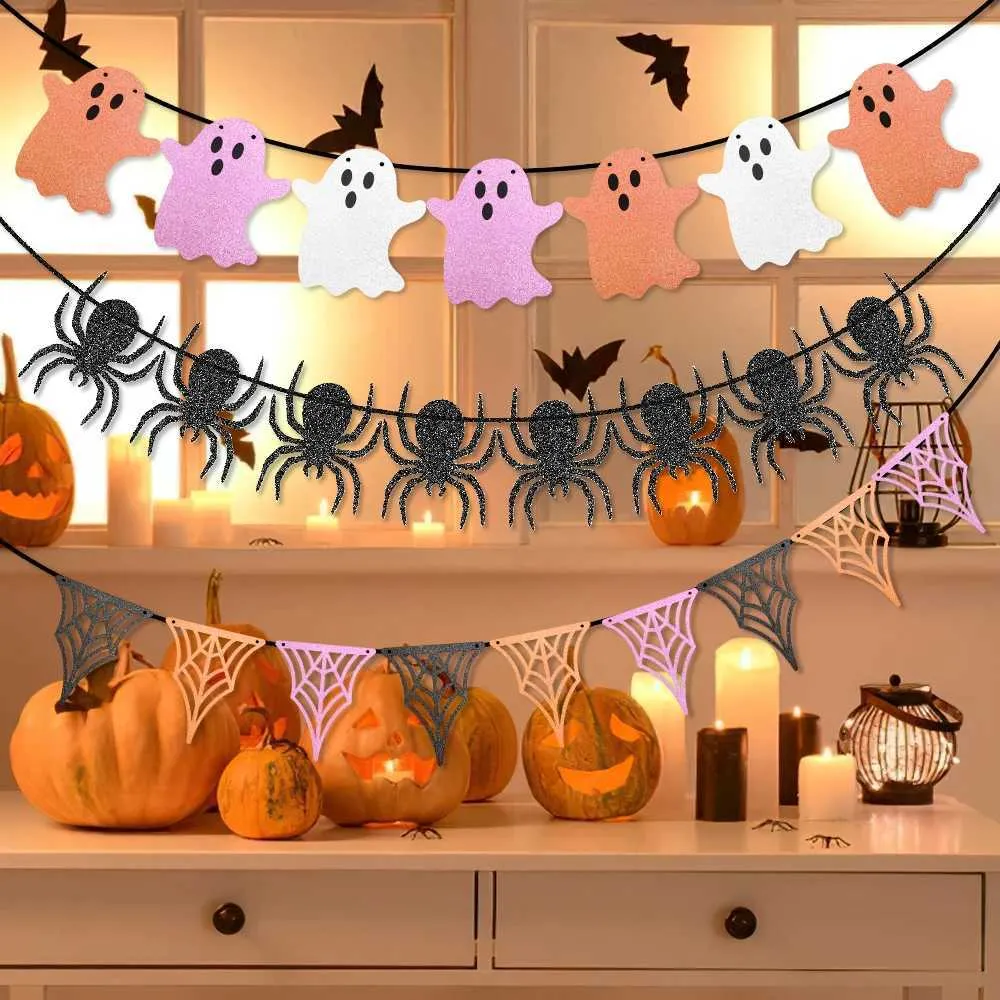 Halloween Paper Party Banner Garland with Cartoon Ghost Bat Spider ...