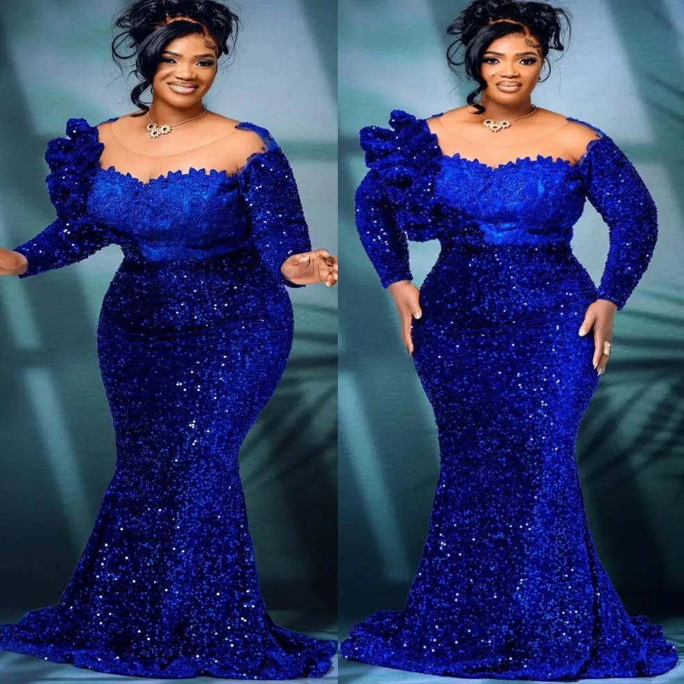 2025 Royal Blue Lace Mermaid Blue Sparkly Prom Dress With Sequined Sheer Neckline Perfect For ...