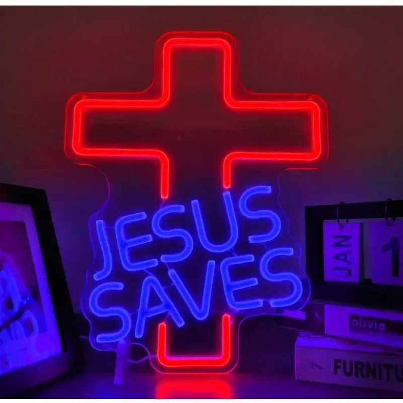 Cross Neon Signs Jesus Saves LED Wall Decor Dimmable Living Room ...