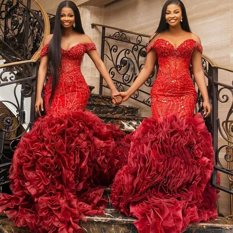 Red Mermaid Tiered Prom Dress With Detachable Train And Sequined Lace Perfect For Evening Formal ...