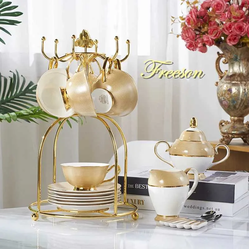 Elegant Bone China Tea Set, Ceramic Coffee Service With Gold Accents ...