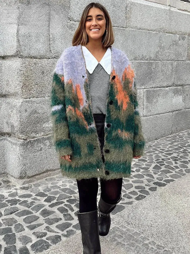 ZBZA Acetate Knit V-neck Loose Fit Cardigan Sweater with Retro ...