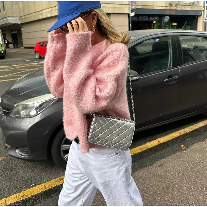 Pink Acetate Casual Loose Knitted Cashmere Pullover Sweater O Neck Long ...