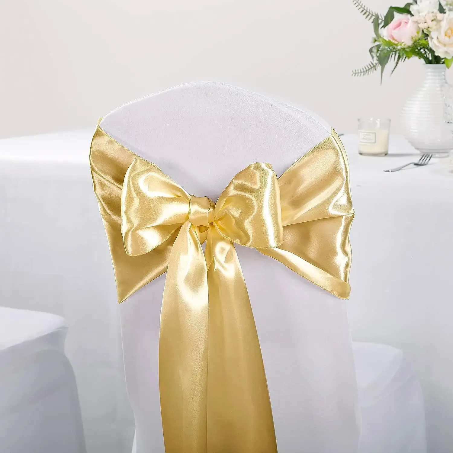 Gold Satin Chair Sash Bows, 17x275cm Chair Cover Ribbons for Wedding ...