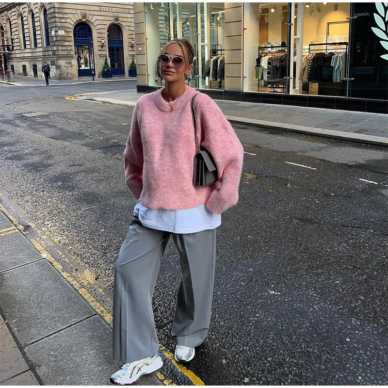 Pink Acetate Casual Loose Knitted Cashmere Pullover Sweater O Neck Long ...