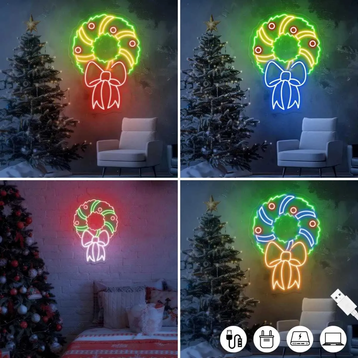 Merry Christmas LED Neon Lights Dimmable Christmas Bow Wall Art For ...