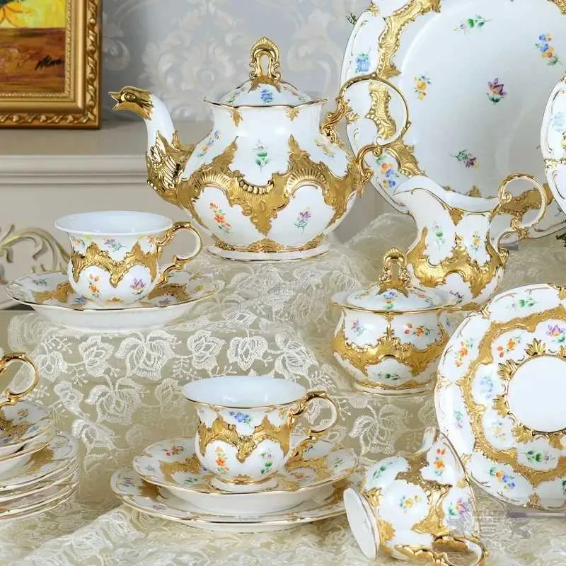 Luxury European Style Tea Set with Palace Relief Gold Painting, B ...