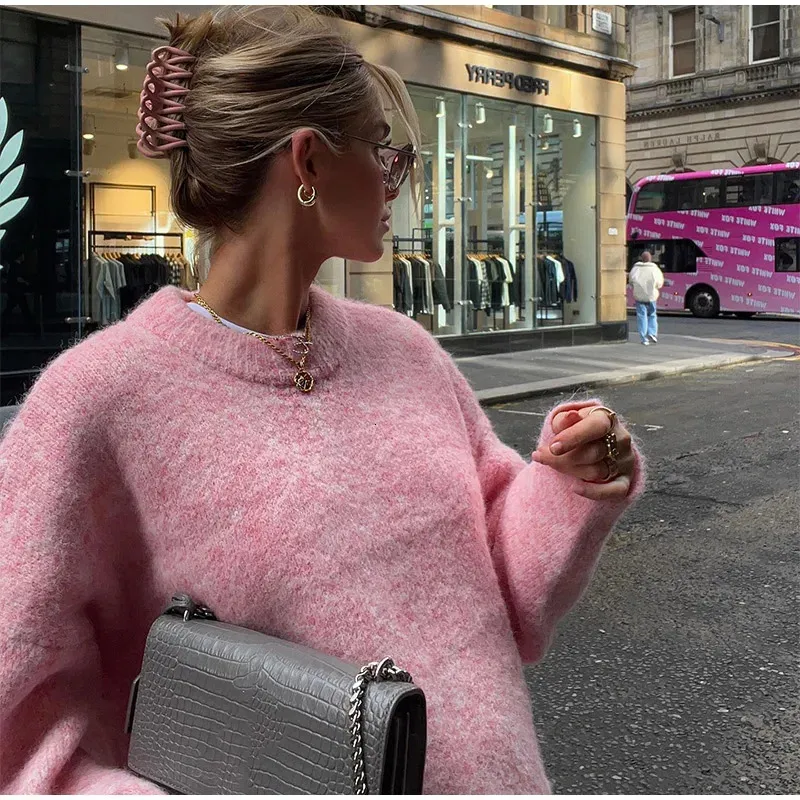 Pink Acetate Casual Loose Knitted Cashmere Pullover Sweater O Neck Long ...