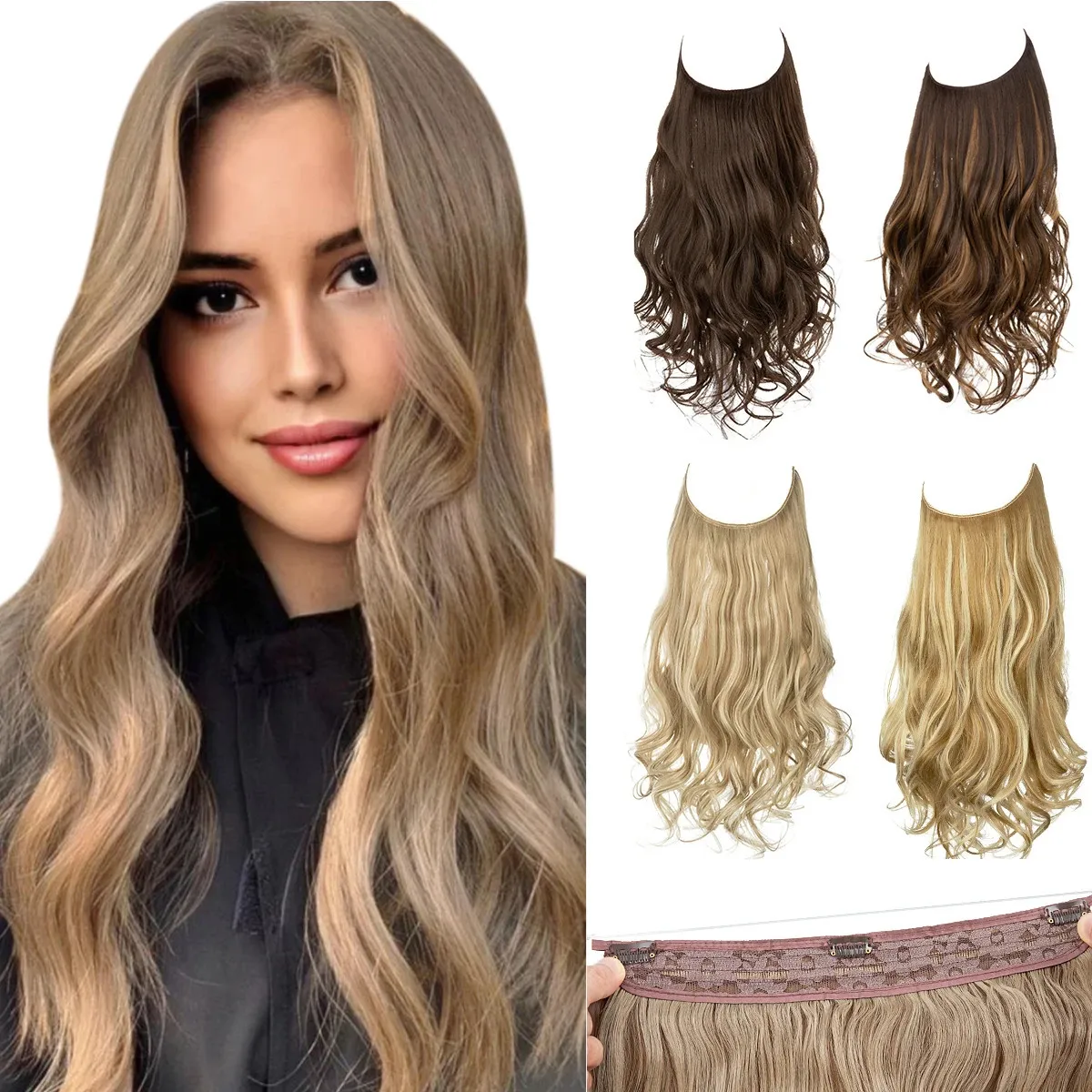 Natural Wavy Clip-in Hair Extensions - Premium Synthetic Invisible Wire ...