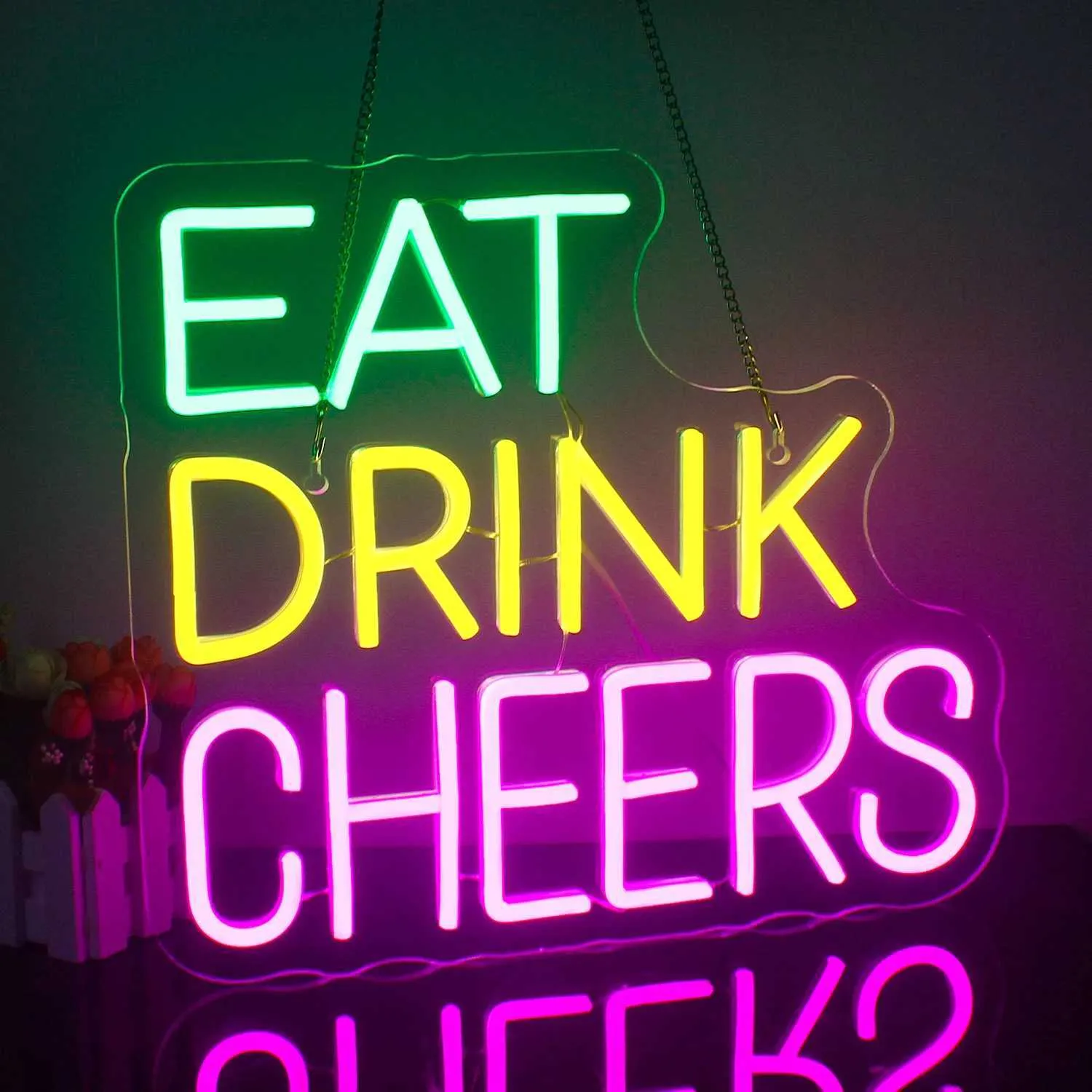 Neon Light Sign Eat Drink Cheers | Tri Color LED Wall Decor For Home ...