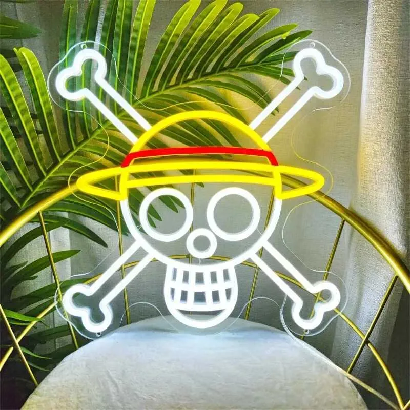 Neon Anime Luffy Skull Hat LED Sign Dimmable, Colorful, For Bedroom ...