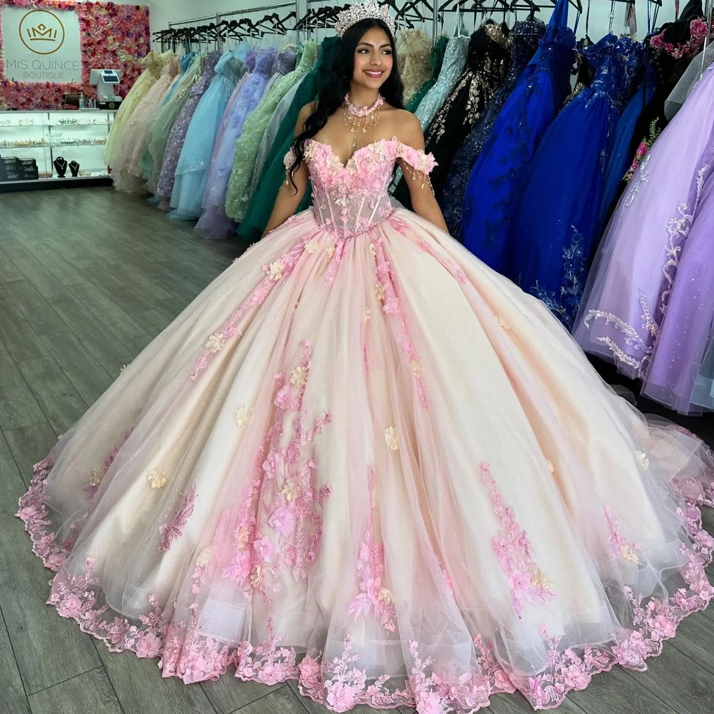 Pink 3D Appliqued Ball Gown Quinceanera Dress Beaded Off The Shoulder Tulle Masquerade Dress For ...