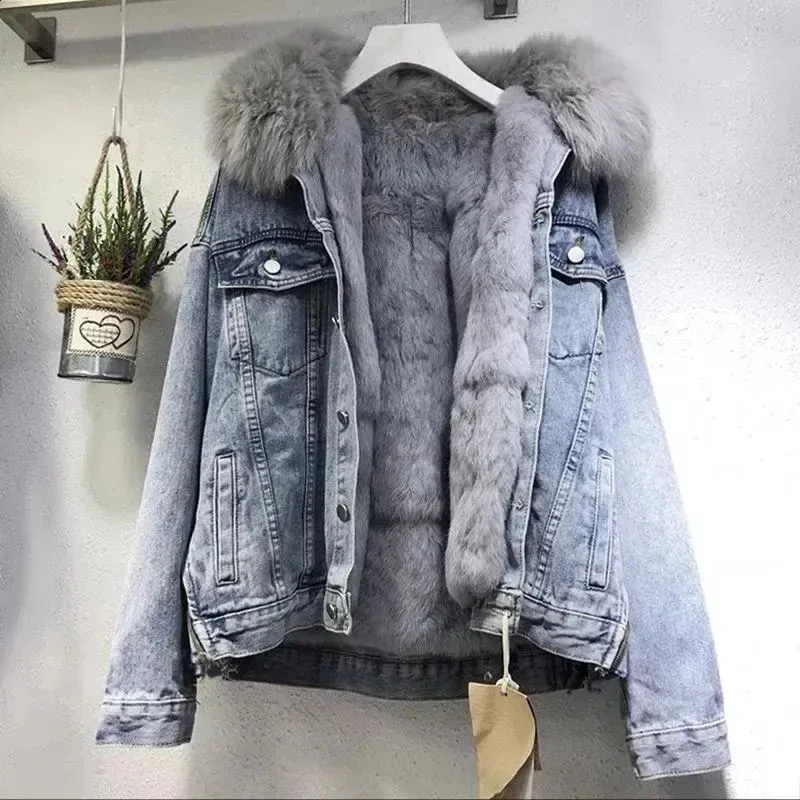 Womens Lined Denim Coat Winter Warm Thick Acetate Jacket with Big Fur ...