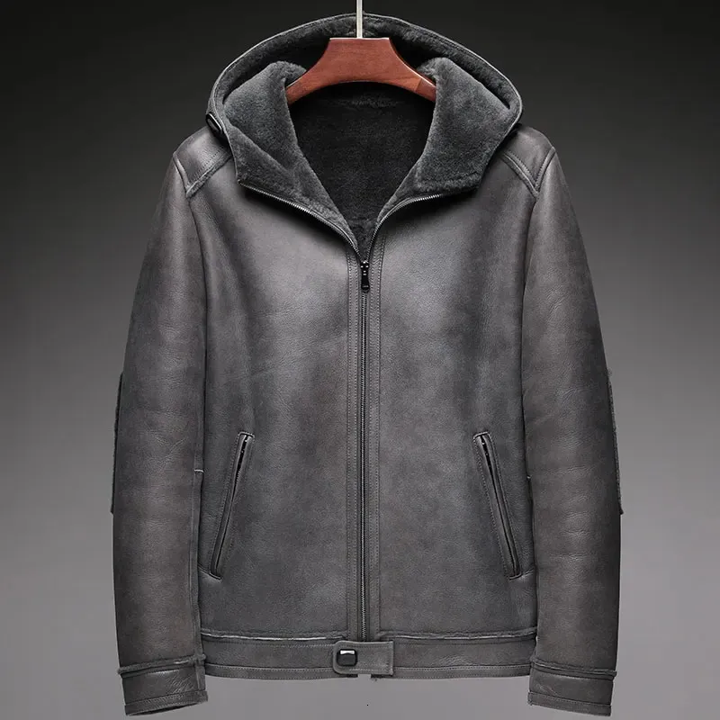 Men's Genuine Sheepskin Leather Winter Sheepskin Jacket Mens With Hood And Natural Fur Lining ...