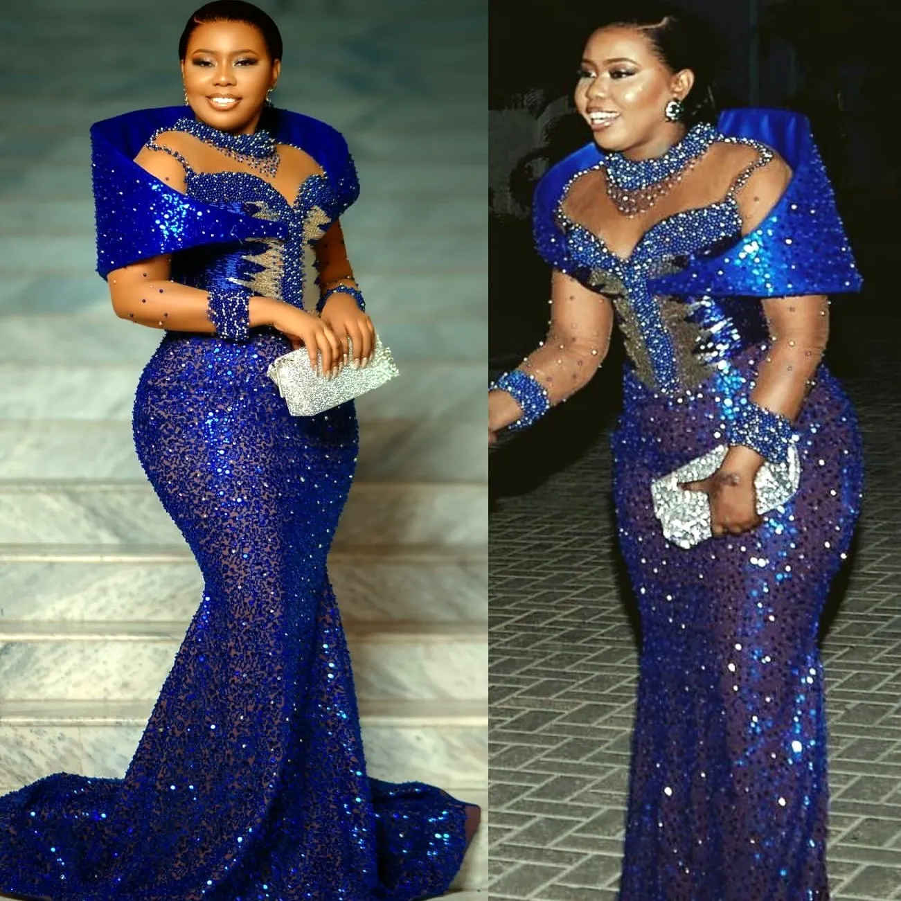 2025 Royal Blue Mermaid Blue Sparkly Prom Dress With Beaded Illusion Sequins Perfect For Formal ...