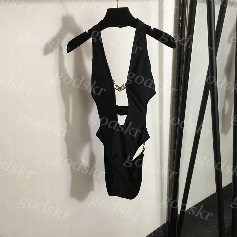 Women Chain Monokini Sexy Deep V Beach One Piece Swimsuit Halter ...
