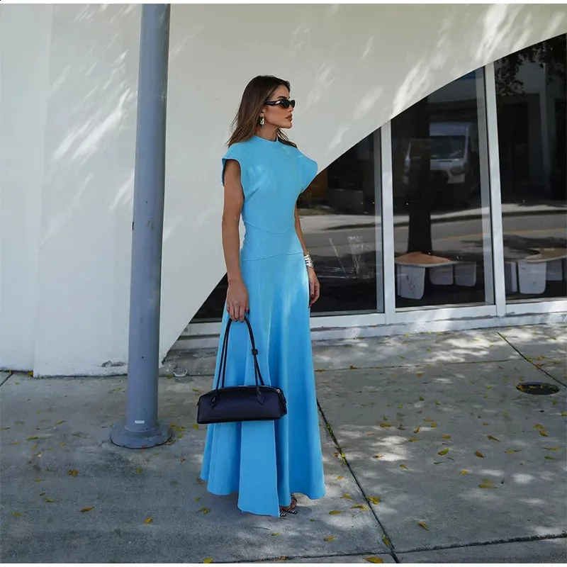 Blue chiffon floor-length shoulder pad short sleeve maxi dress with ...
