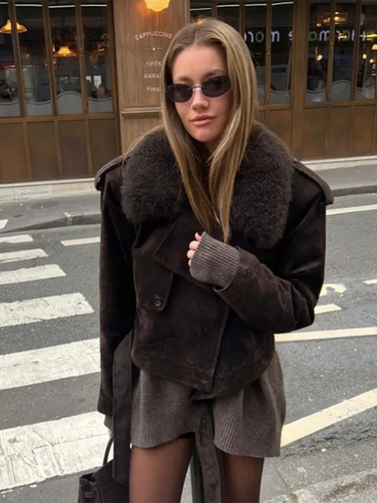 Vintage Faux Fur Collar Acetate Suede Short Women Jackets Brown Lapel ...