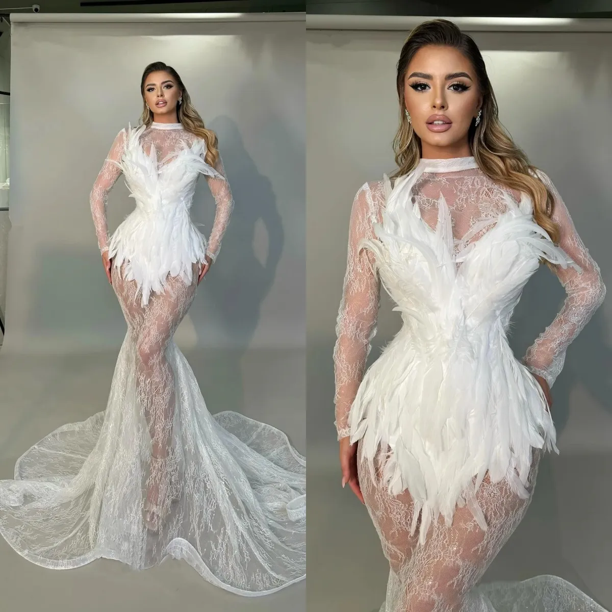 Lace Mermaid Wedding Dress With Illusion High Neck & Long Sleeves Sexy Feather Bridal Gown With ...