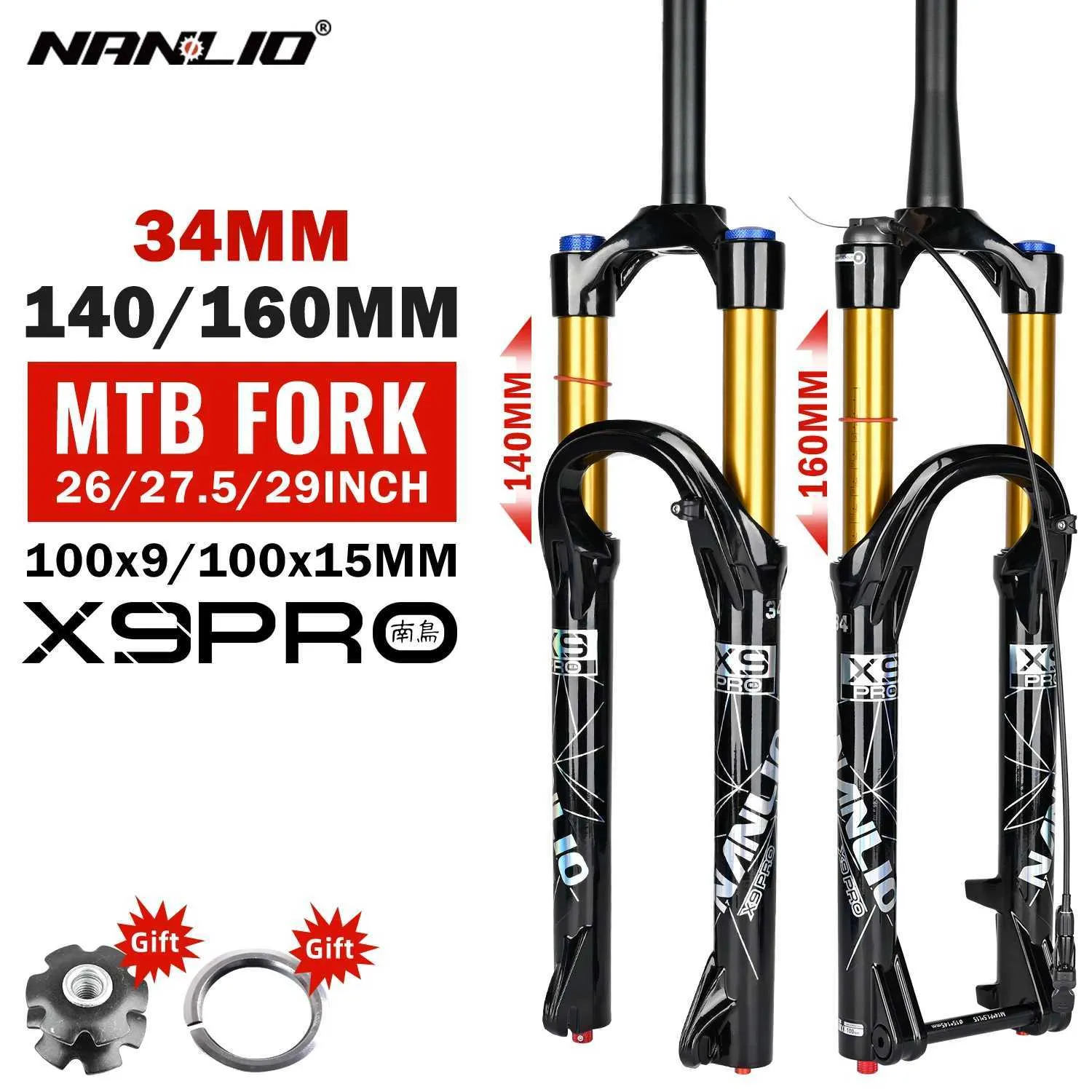 Nanlio X9 Pro Mountain Bike Suspension Fork - 26/27.5/29 Inch, 140/160mm Travel, 34mm Stanchion ...