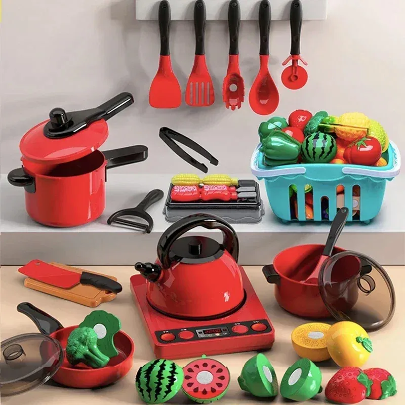 Interactive Red Play Kitchen Toy Set with Pretend Food for Kids ...