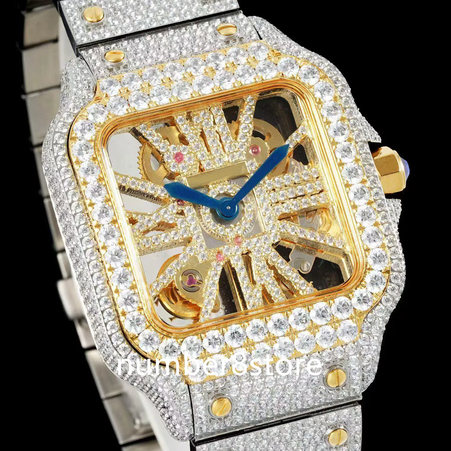 Square Full Diamond Skeleton Mens Watch Stainless Steel & Yellow Gold ...