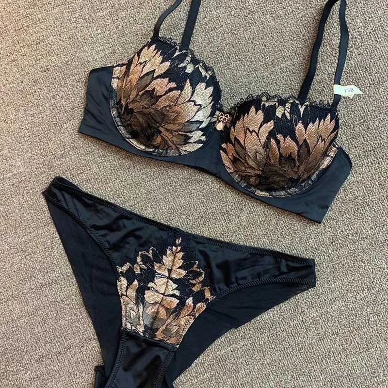 Lace Embroidery Push Up Bra & Briefs Set - Medium Padded Lingerie for ...
