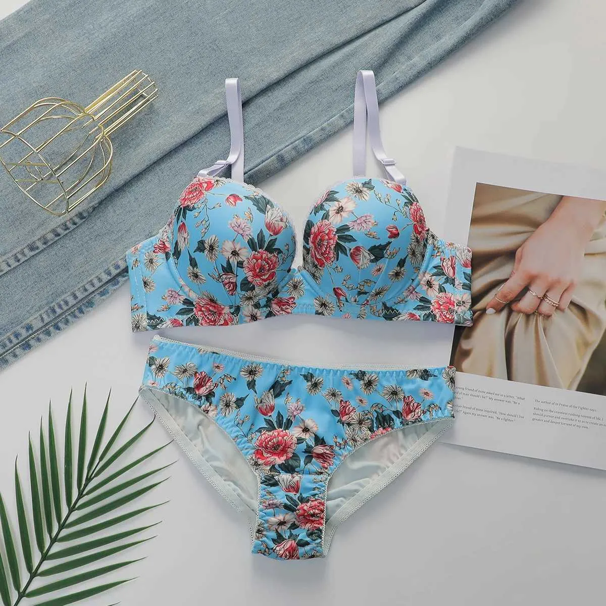 Women's Floral Print Bra & Underwear Set - Comfortable Cotton Blend ...