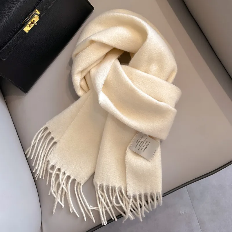 White Pure Wool Tassel Scarf - Winter Warm Neck Wrap for Women ...