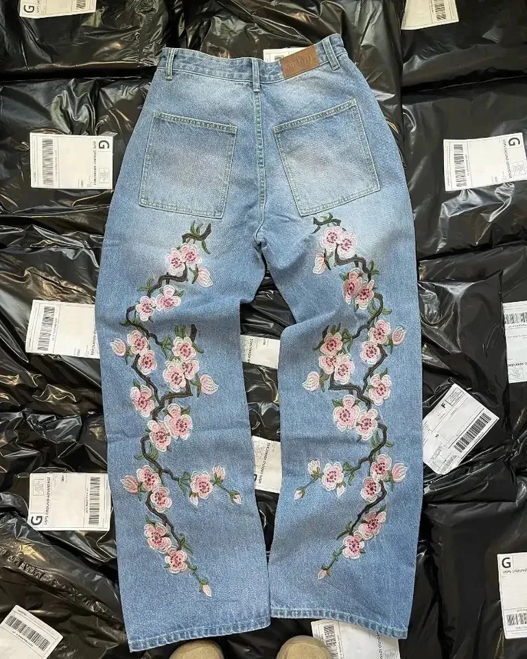 Harajuku Cherry Blossom Embroidered Y2K Baggy Flower Jeans Hip Hop ...