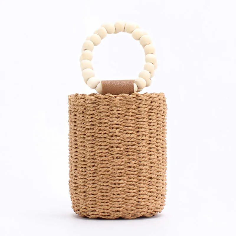 Wooden bead handmade woven bag round drawstring bucket bag camel paper ...