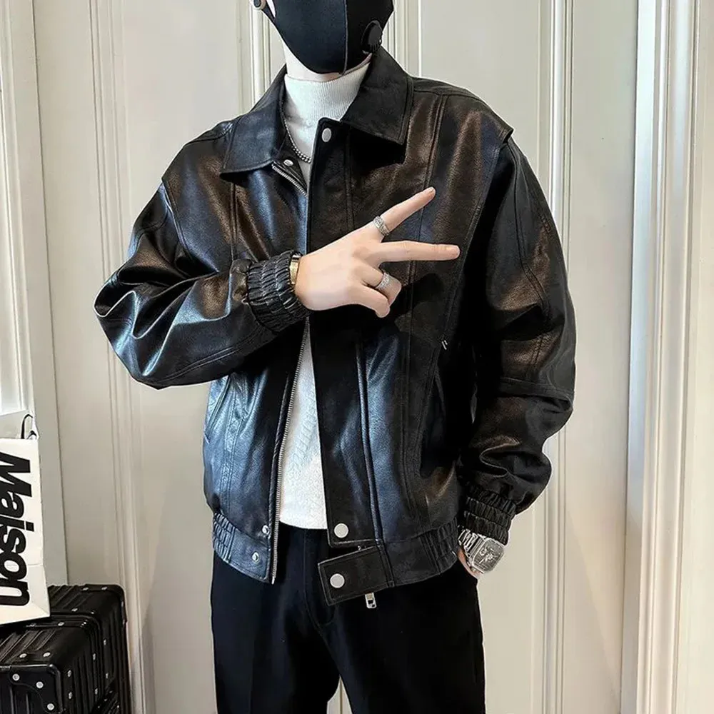 Y2K Mens Tan Leather Jacket Mens With Zipper Pocket Solid Y2K Mens Tan Leather Jacket Mens With Zipper Pocket Solid