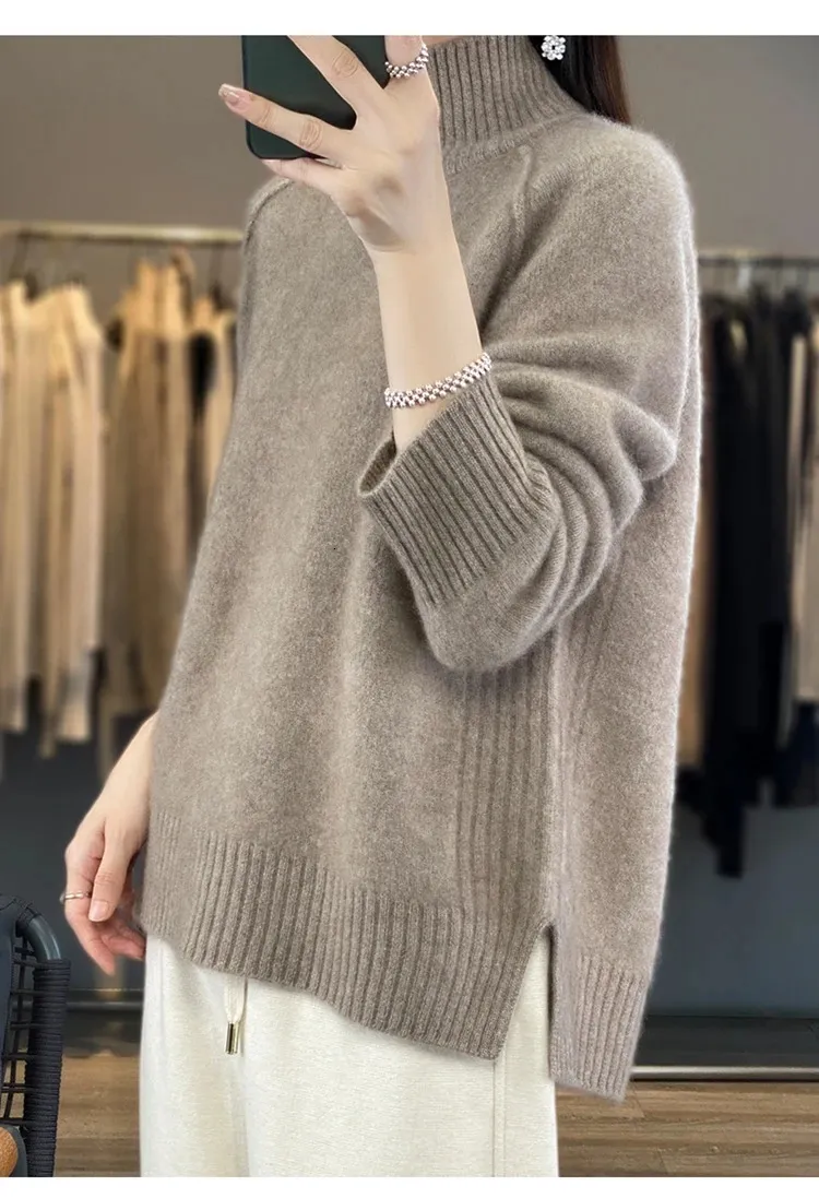 Chunky cashmere sweater women's high neck loose fit batwing sleeve acetate 95% thickened autumn ...