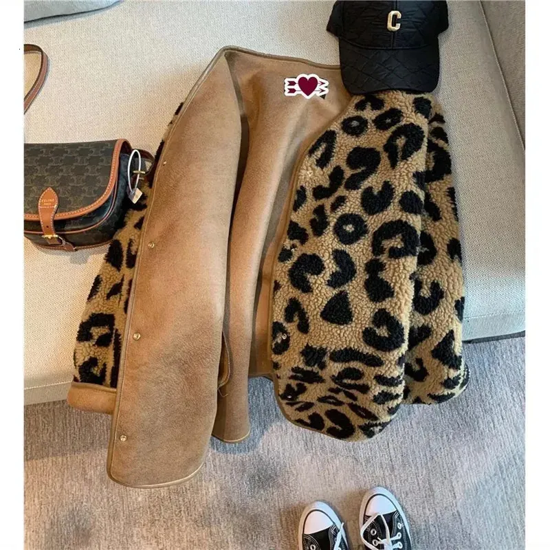 Leopard print faux fur short jacket womens casual autumn winter coat ...