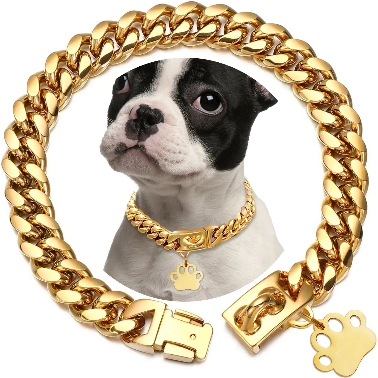 Strong Stainless Steel Cuban Link Dog Collar Choke with Safety Buckle ...