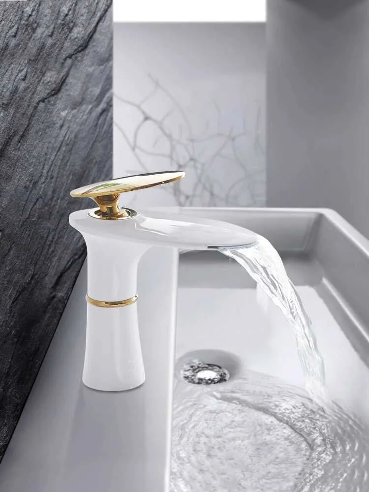 Luxury Single Handle Waterfall Basin Waterfall Bathroom Faucet In White ...