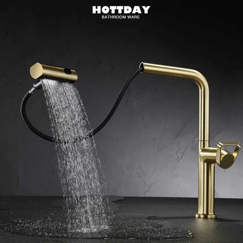 Brushed Gold Matte Gold Kitchen Faucet With Pull Out Rotation ...