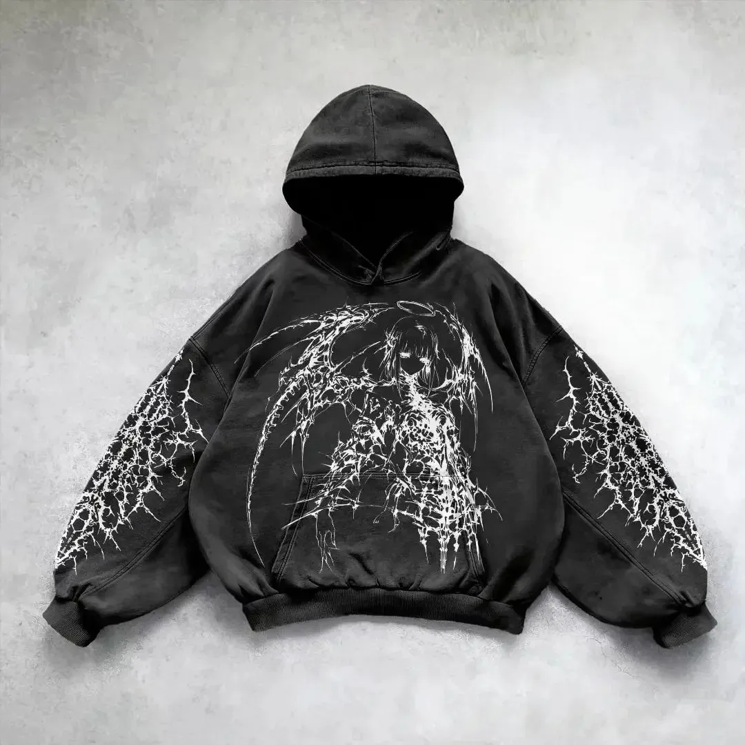 Harajuku Style Printed Acetate Hoodie Oversized Sweater Gothic Couple ...