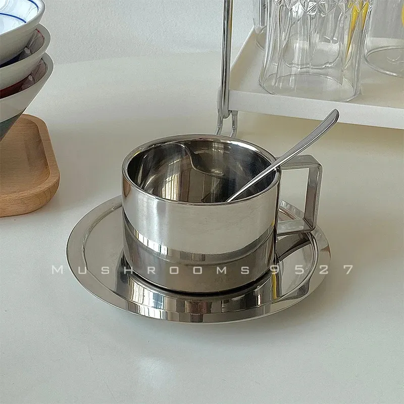 Korean Style Niche Coffee Cup and Saucer Set, Retro Stainless Steel ...